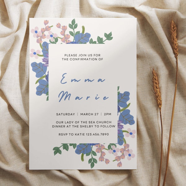 Blue Flower Confirmation Invitation - Etsy