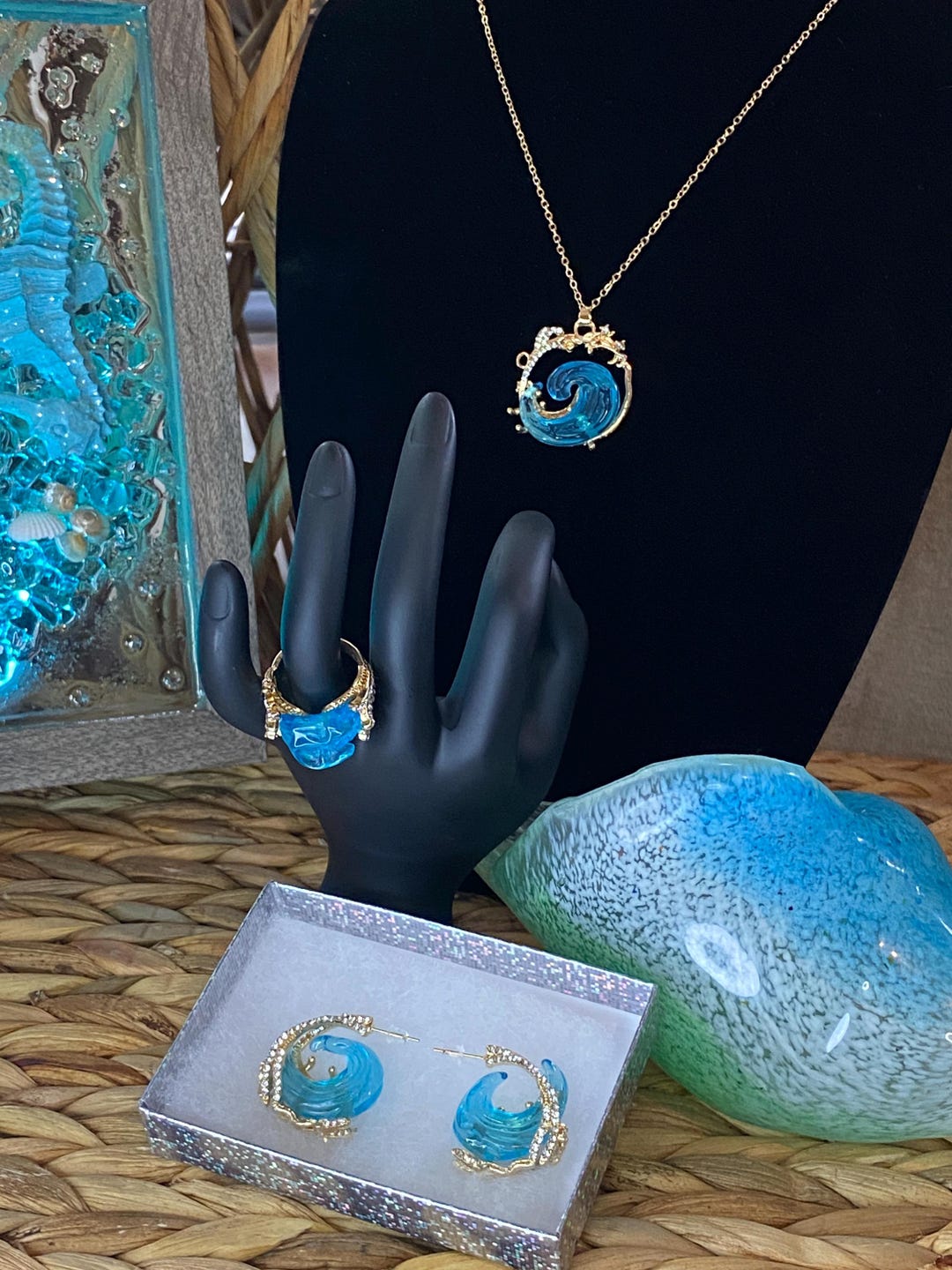 OCEANS OATH Blue Wave Ocean Earrings Necklace Ring Sz 8 Beautiful ...