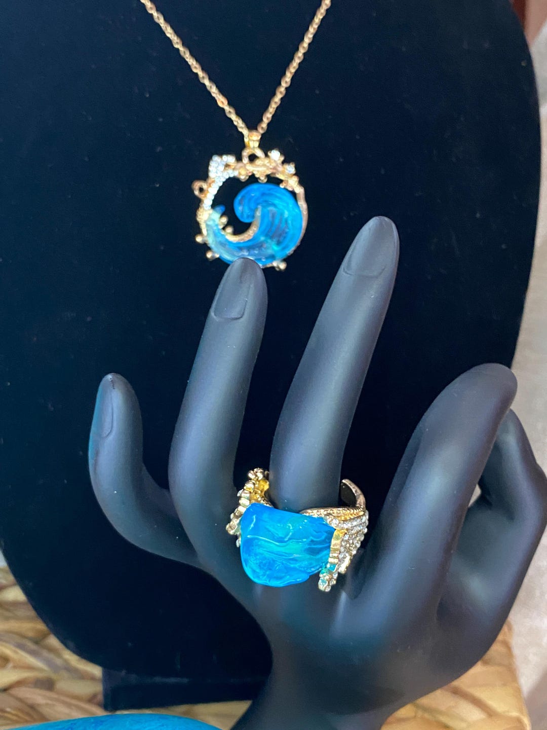 OCEANS OATH Blue Wave Ocean Necklace and Ring Sz 8 Beautiful Rhinestone ...