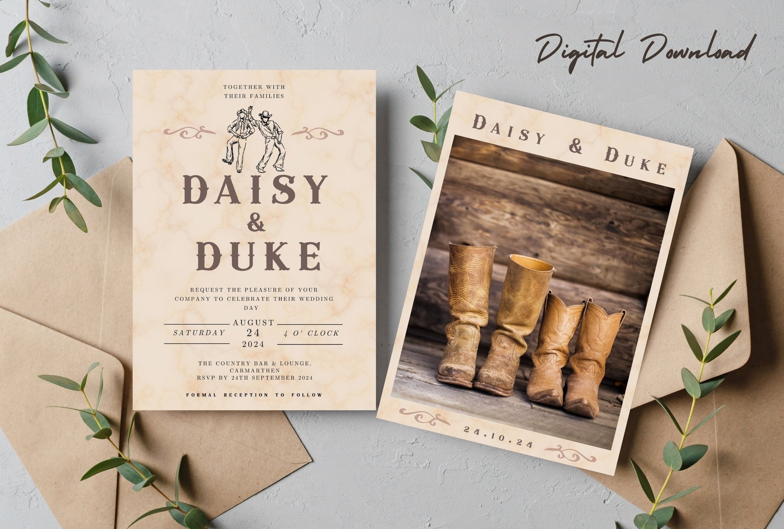 Western Theme Cowboy Cowgirl Wedding Invitation. Editable Template in ...