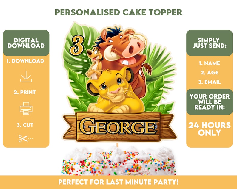 Printable Simba Cake Topper, Personalised Birthday Cake Topper, Digital ...