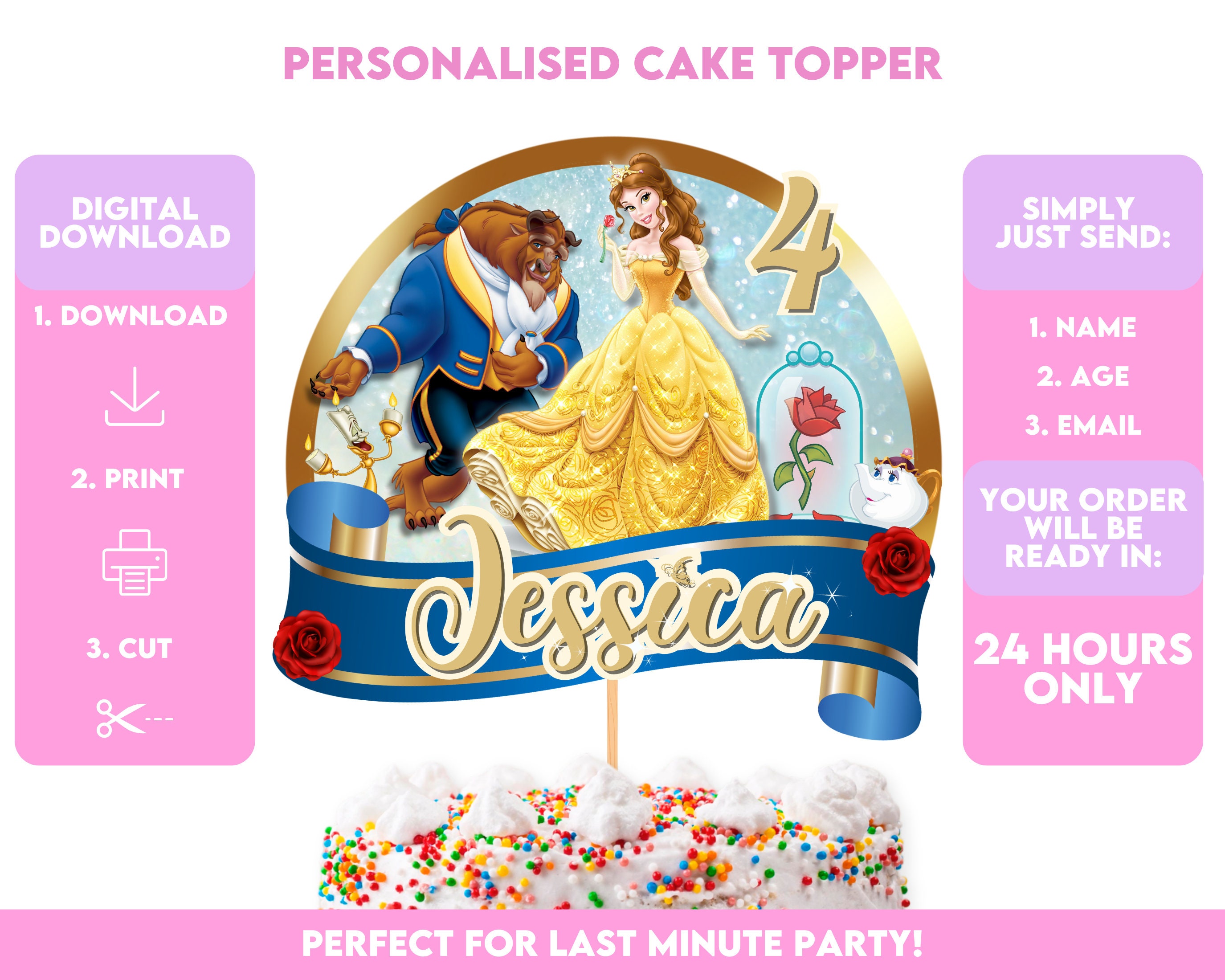 Personalized Princess Birthday Cake Topper, Belle Theme (digital ...