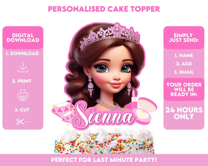 Printable Princess Cake Topper, Personalised Birthday Cake Topper ...