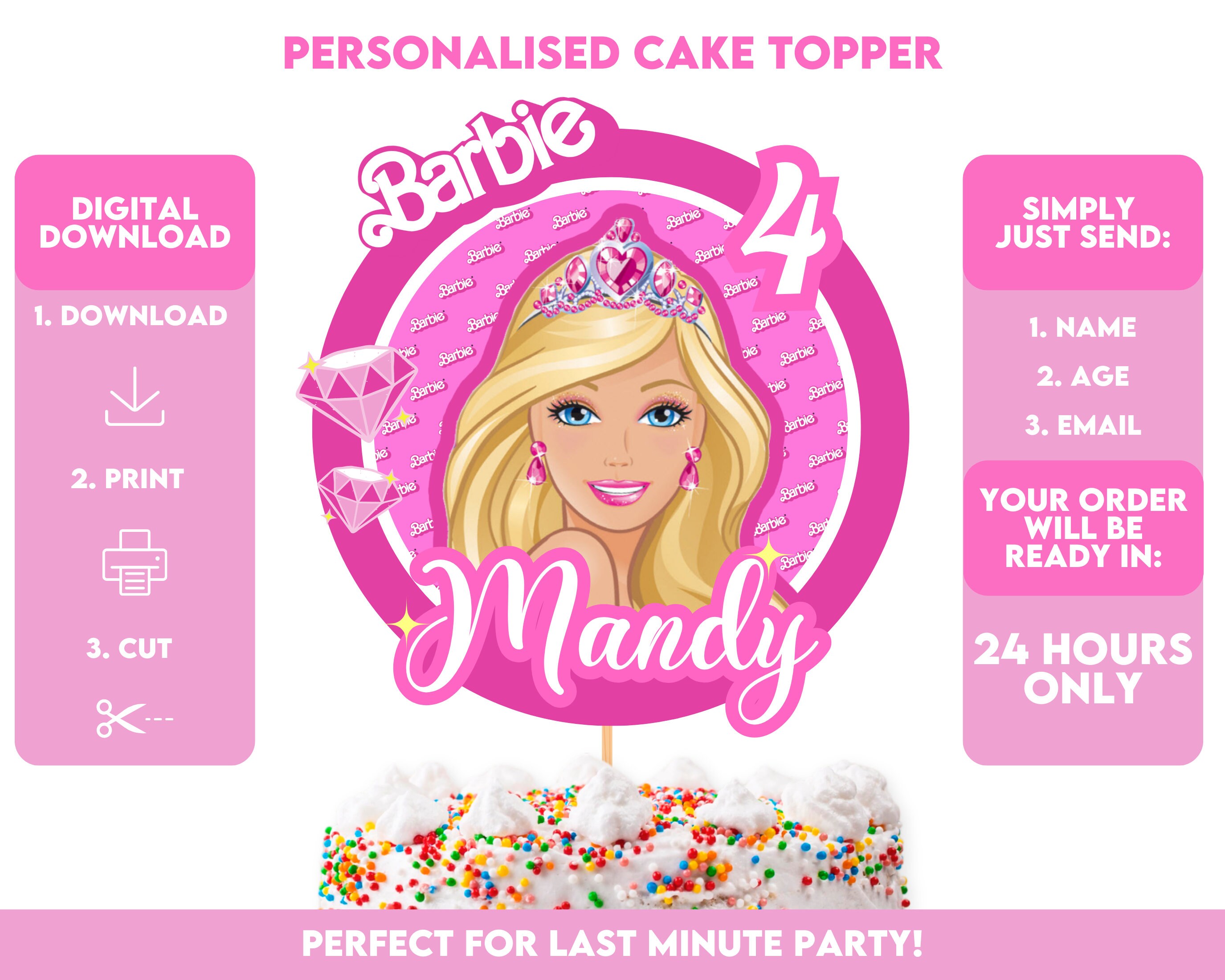 Printable Barbie Cake Topper, Personalised Birthday Cake Topper ...