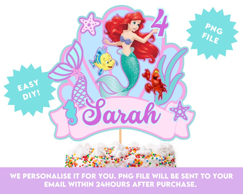 Printable Mermaid Cake Topper, Personalised Birthday Cake Topper ...