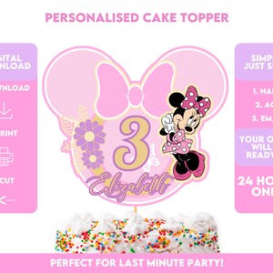 Printable Minnie Cake Topper, Personalised Birthday Cake Topper ...