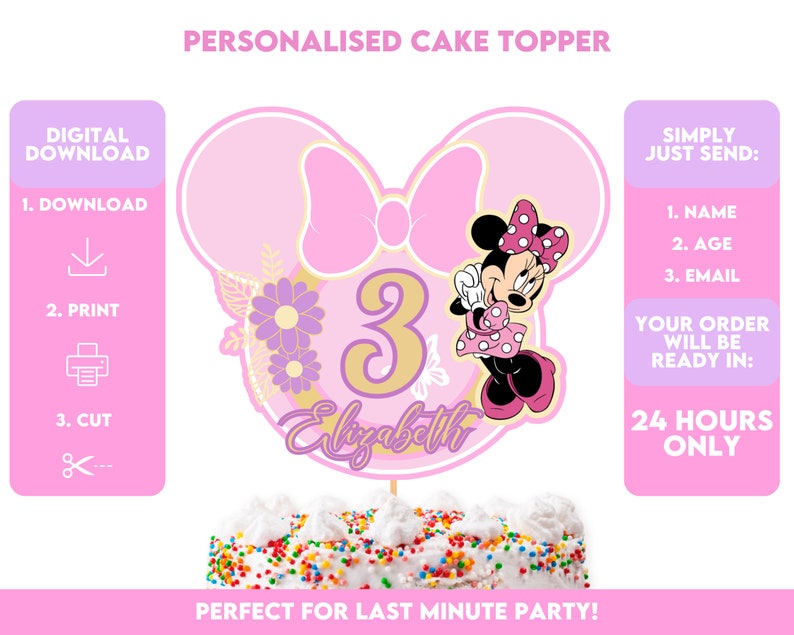 Printable Minnie Cake Topper, Personalised Birthday Cake Topper ...