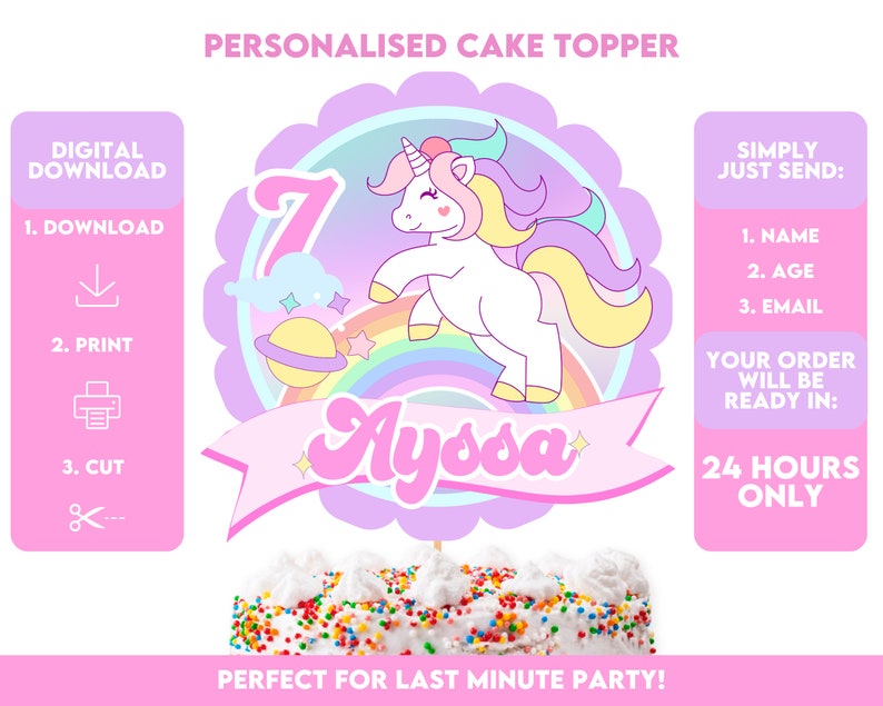 Printable Unicorn Cake Topper, Personalised Birthday Cake Topper ...