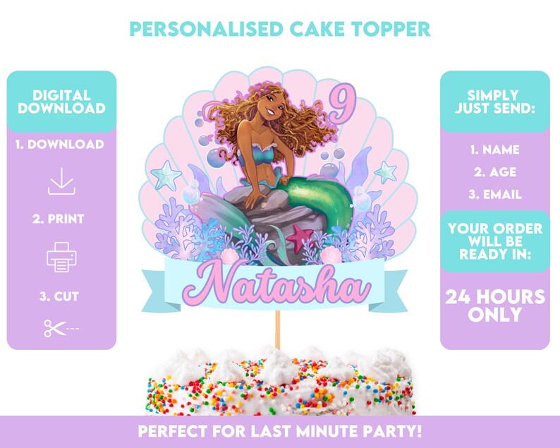Printable Mermaid Cake Topper, Personalised Birthday Cake Topper ...