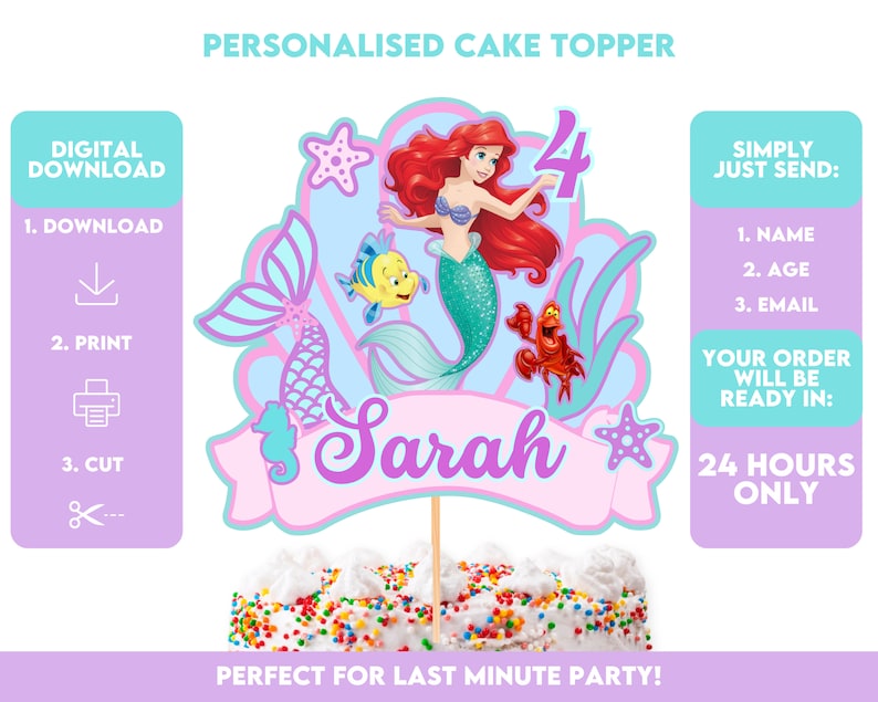 Personalized Mermaid Birthday Cake Topper, Printable PNG (digital ...
