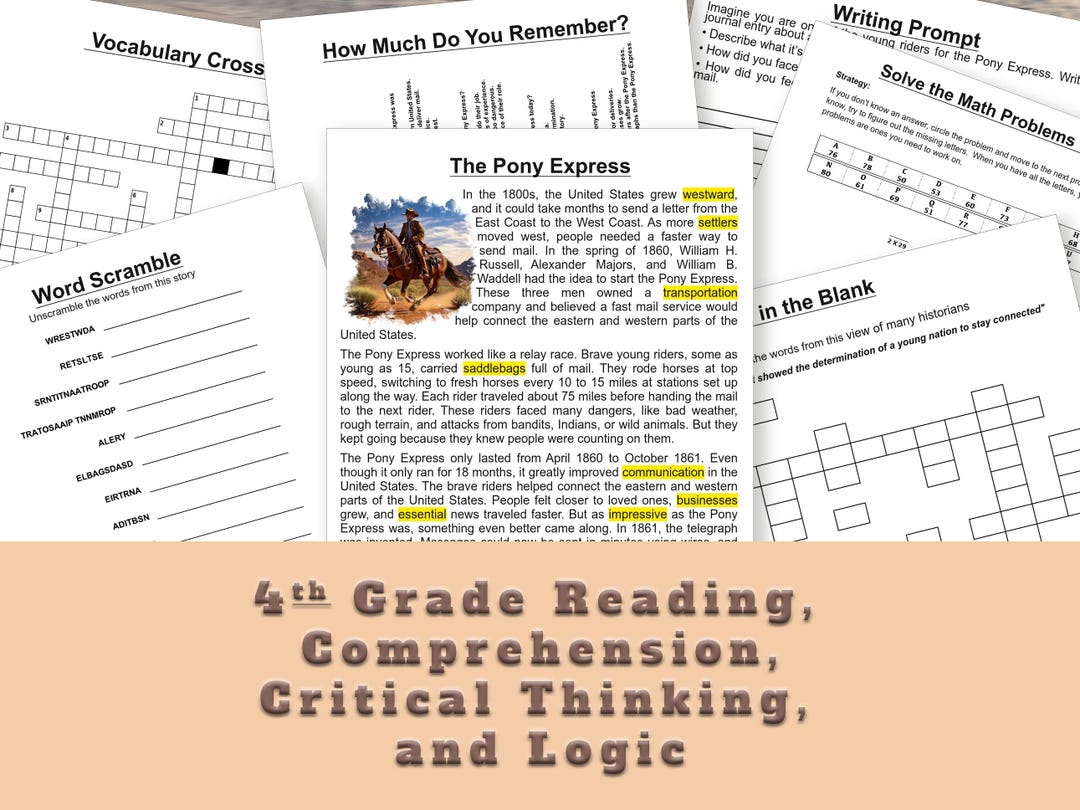Pony Express: Fourth Grade Reading Comprehension Workbook (PDF & JPEG ...