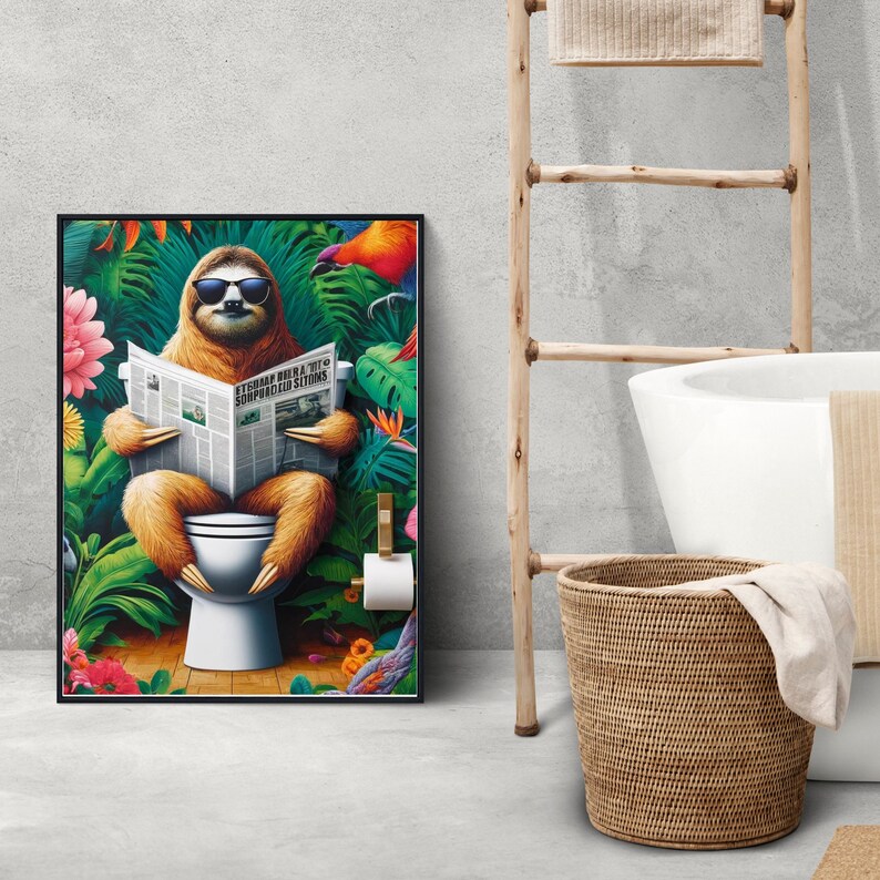 Sloth on Toilet Bathroom Print, Animal on Toilet Funny Instant Download ...