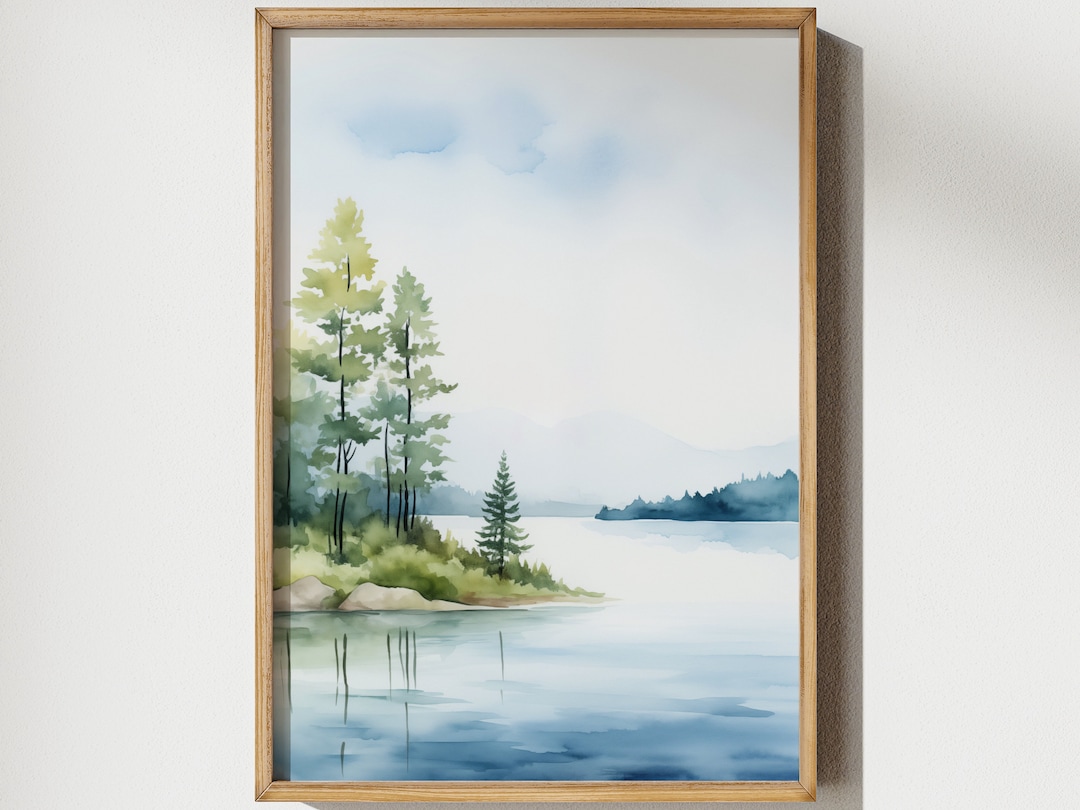 Lake Watercolor Wall Art Calm Nature Landscape Print Trees Minimal Home ...
