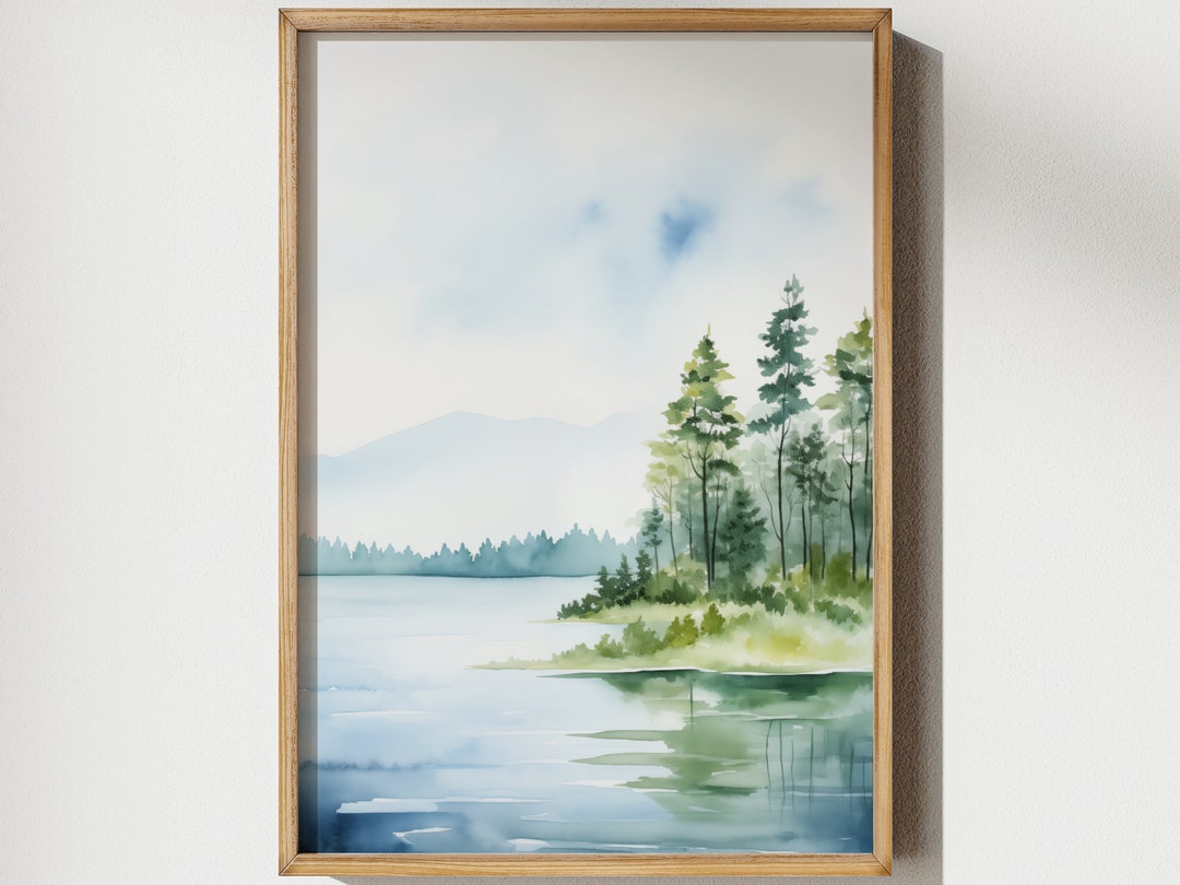 Lake Watercolor Wall Art Calm Nature Landscape Print Trees Minimal Home ...