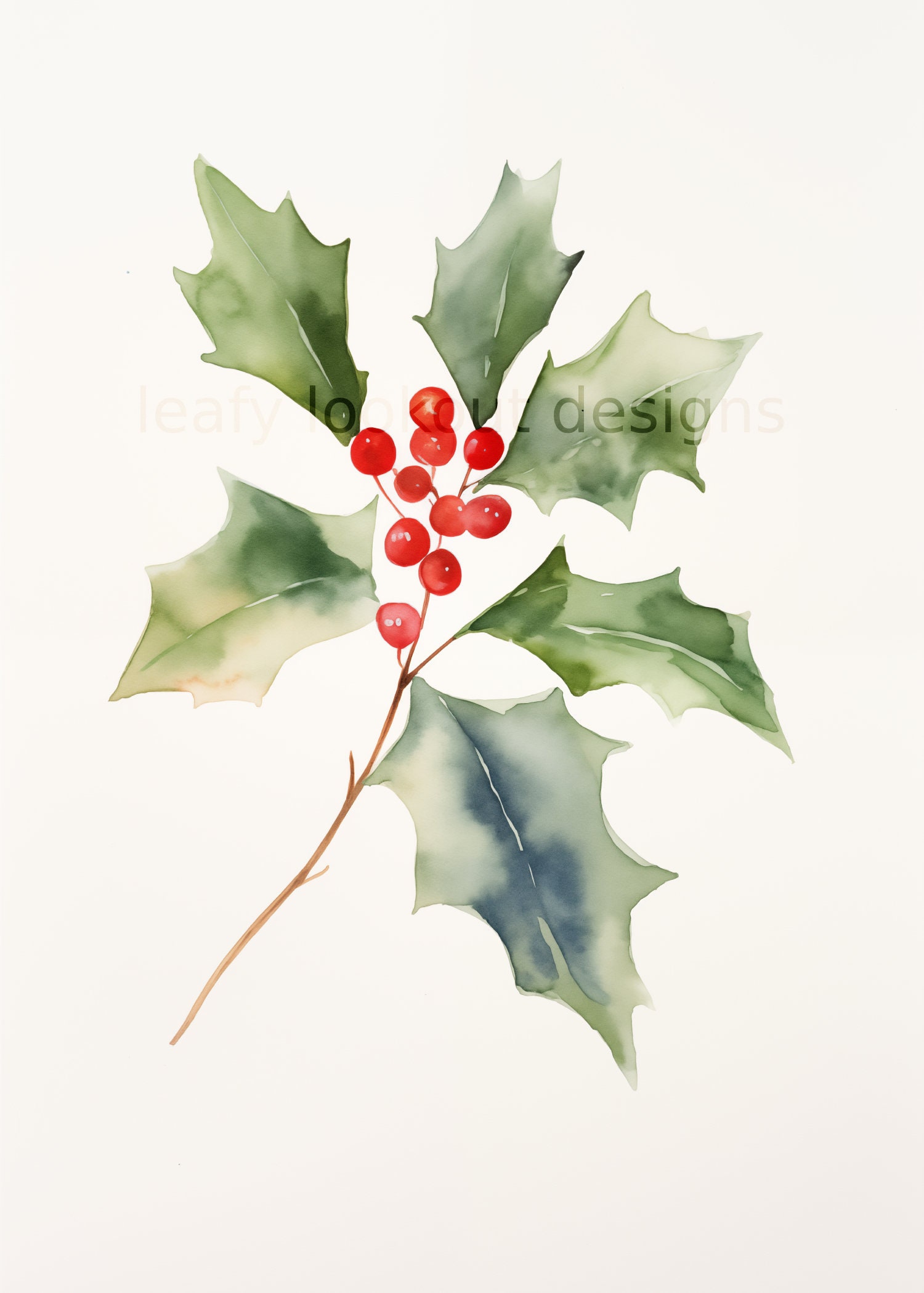 Holly December Birth Flower Watercolor Wall Art Calm Print Simple ...