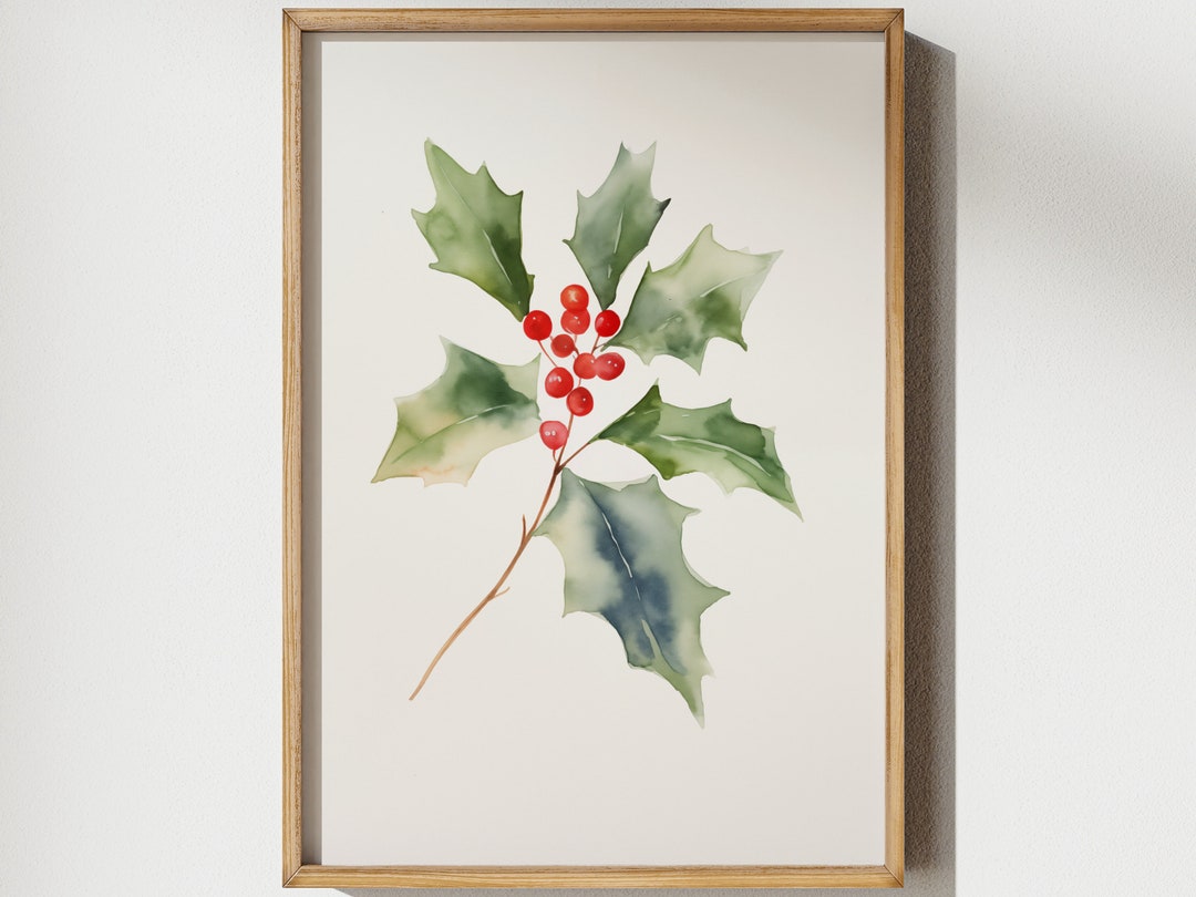 Holly December Birth Flower Watercolor Wall Art Calm Print Simple ...