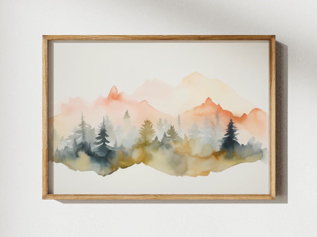 Mountain Watercolor Wall Art Calm Nature Landscape Print Trees Minimal ...