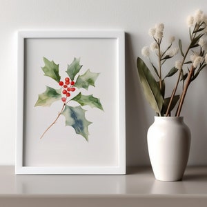 Holly December Birth Flower Watercolor Wall Art Calm Print Simple ...