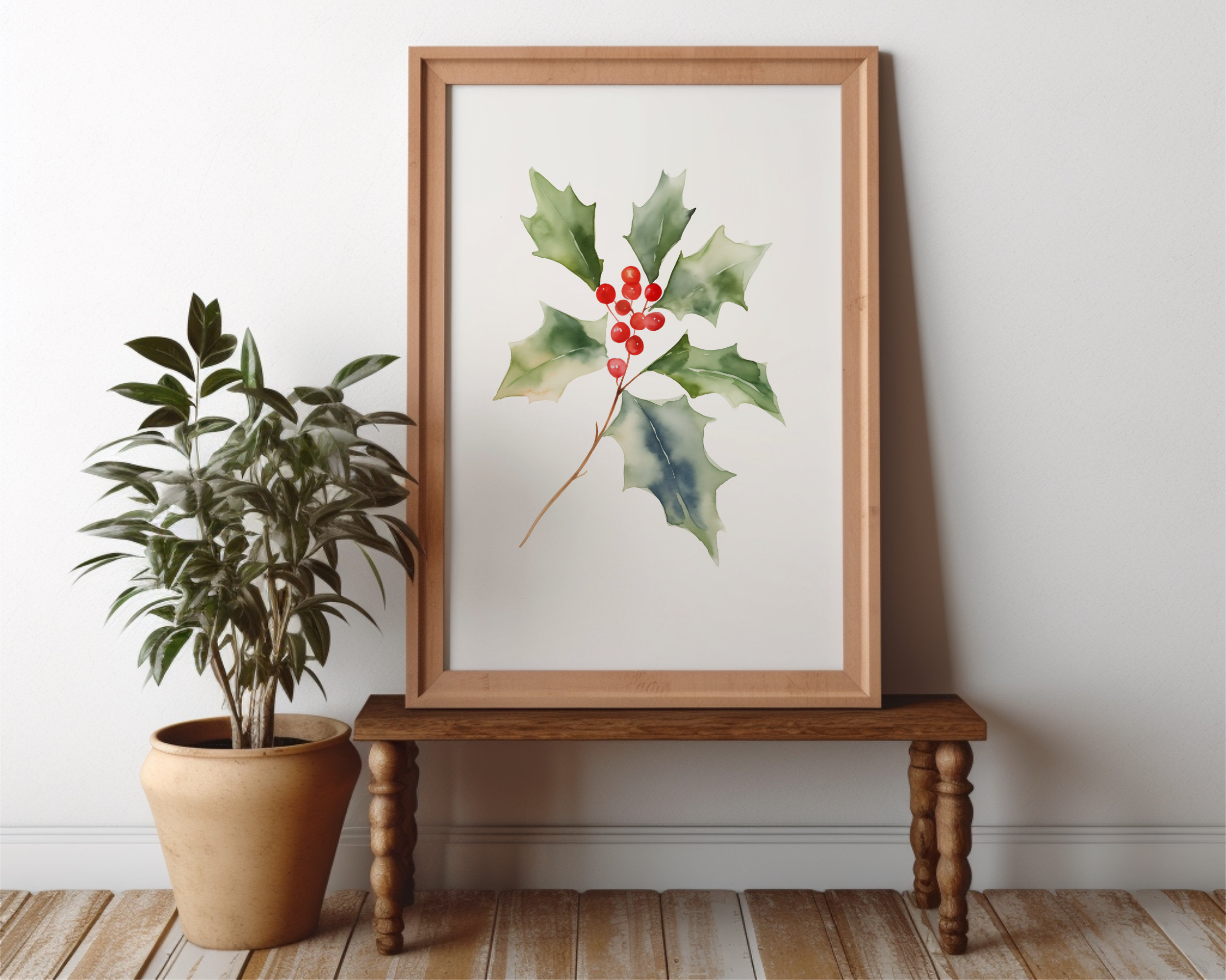 Holly December Birth Flower Watercolor Wall Art Calm Print Simple ...