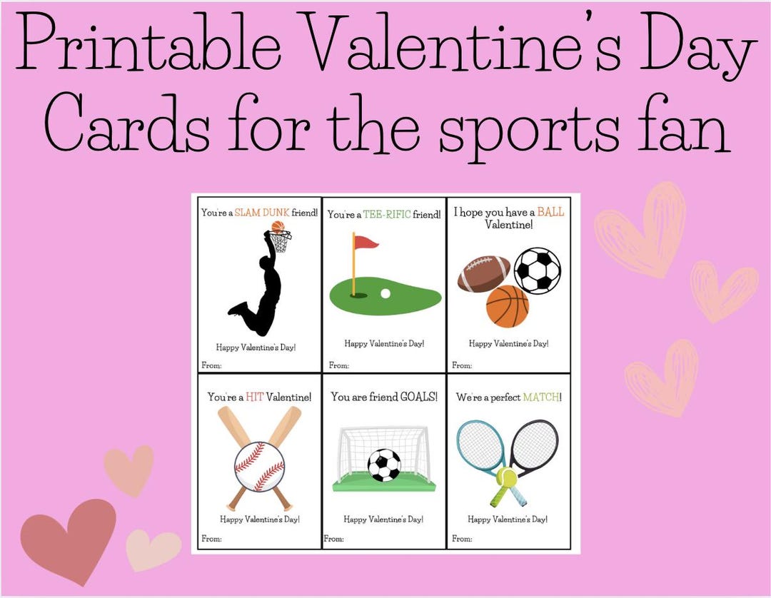 Kids Classroom Printable Valentines Day Cards Fun Sports Theme ...
