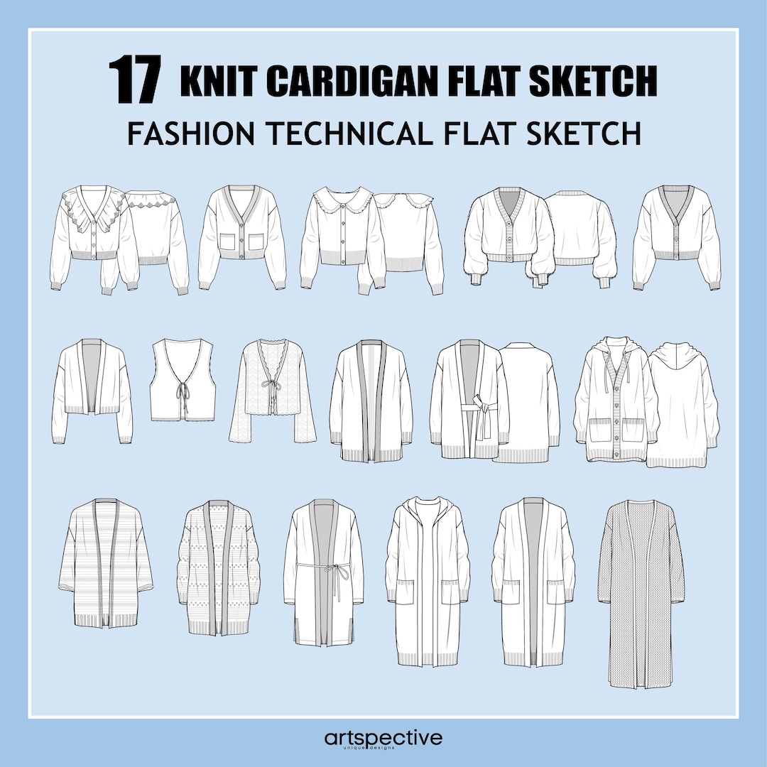 Womens 17 Pcs Knit Cardigan Fashion Flat Sketch - Fashion Vector Sketch ...