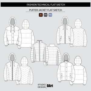 Unisex Puffer Jacket Fashion Flat Sketch - Fashion Vector Sketch ...