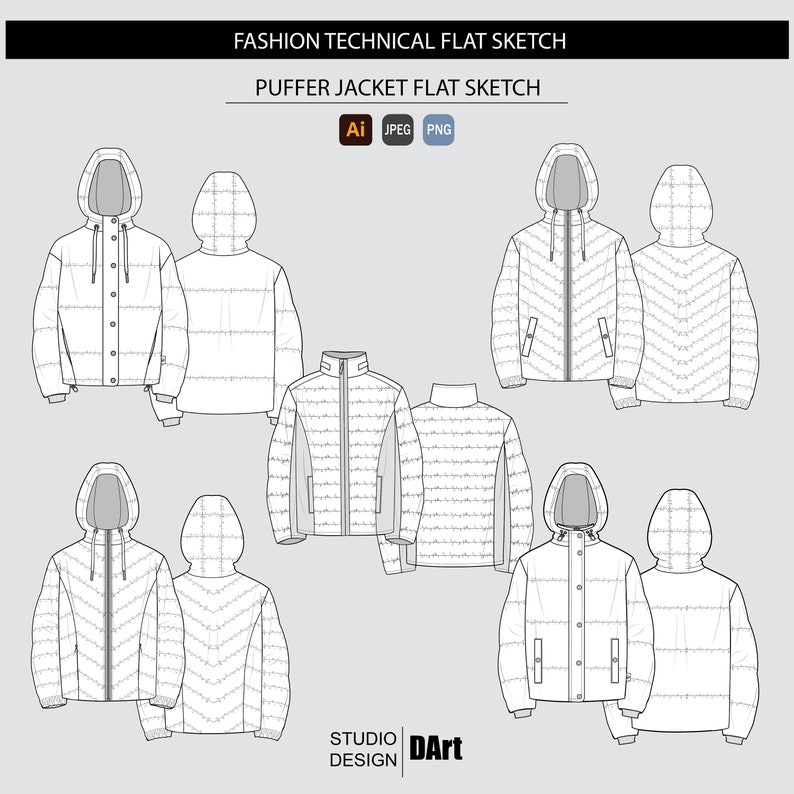 Unisex Puffer Jacket Fashion Flat Sketch - Fashion Vector Sketch ...