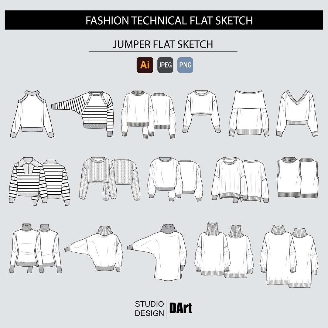 Womens 16 Pcs Jumper Fashion Flat Sketch Fashion Vector Sketch ...