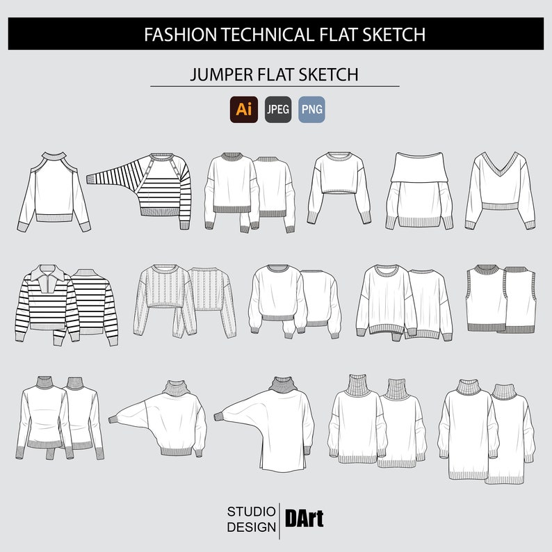 Womens 16 Pcs Jumper Fashion Flat Sketch Fashion Vector Sketch ...