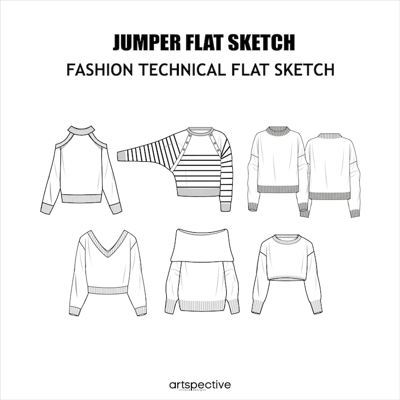 Womens 16 Pcs Jumper Fashion Flat Sketch - Fashion Vector Sketch ...