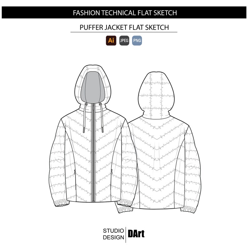 Unisex Puffer Jacket Fashion Flat Sketch - Fashion Vector Sketch ...