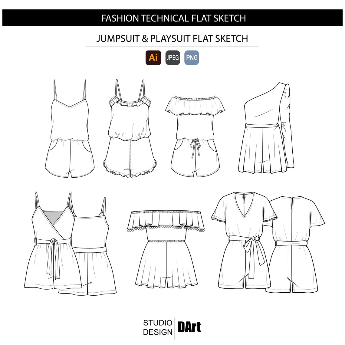 Womens Jumpsuit and Playsuit Flat Sketch Fashion Vector Sketch ...