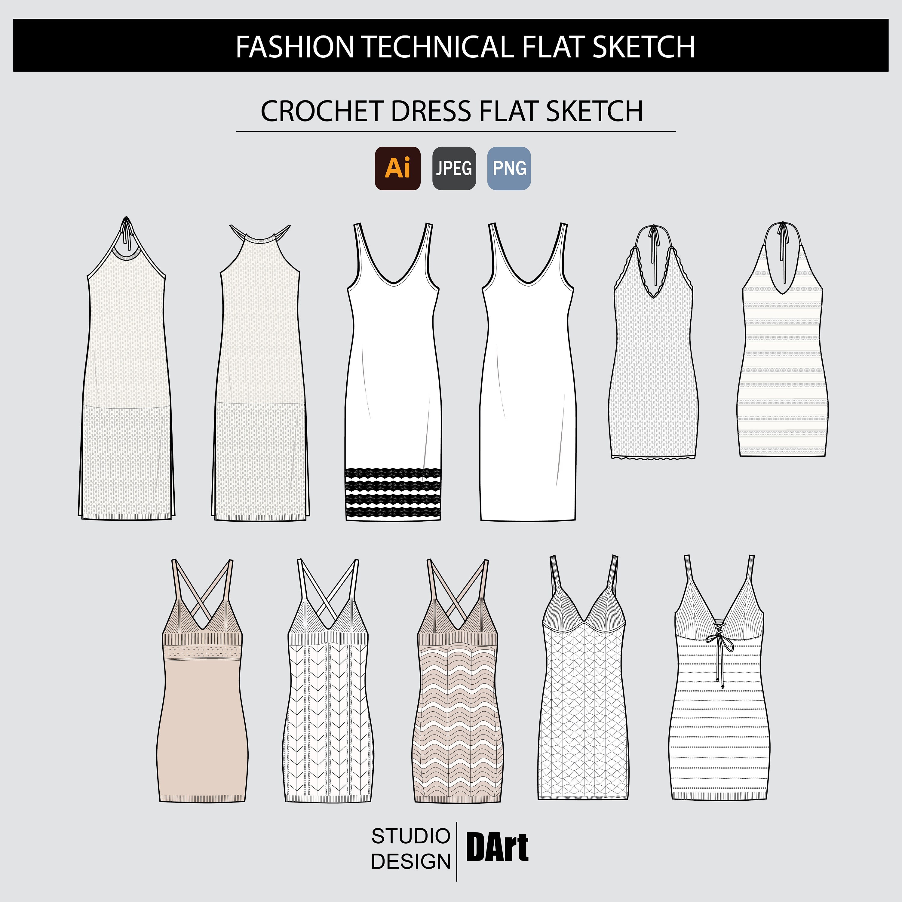 Womens Crochet Dress Fashion Flat Sketch - Fashion Vector Sketch ...
