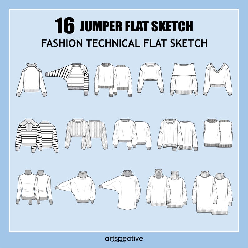 Womens 16 Pcs Jumper Fashion Flat Sketch - Fashion Vector Sketch ...