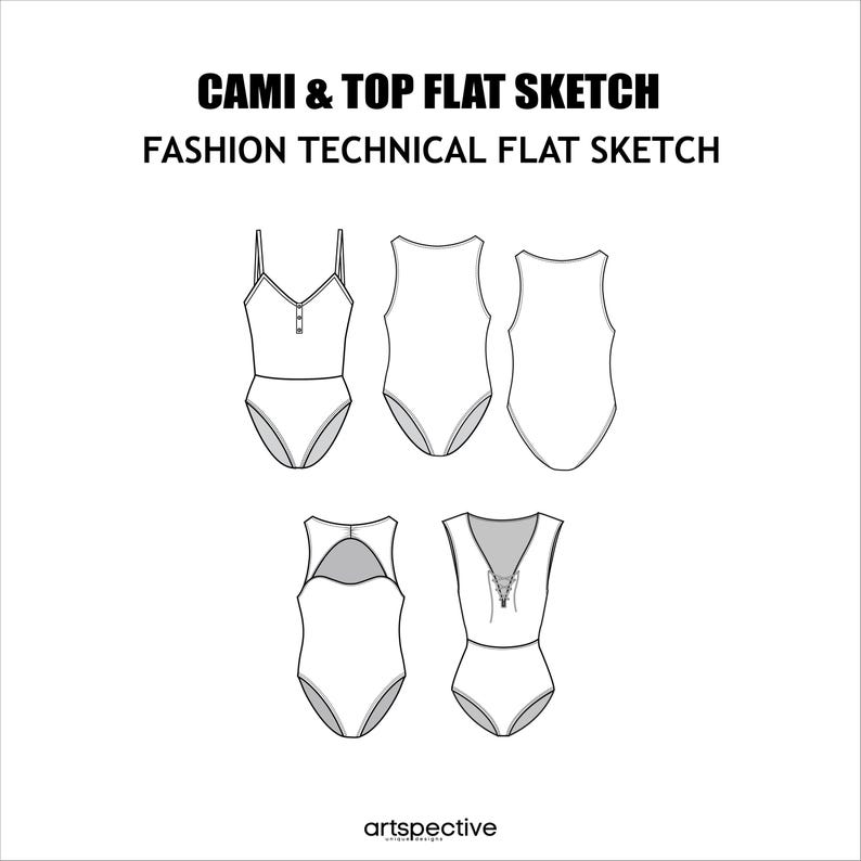 Womens 23 Pcs. Cami / Tops Fashion Flat Sketch - Fashion Vector Sketch ...