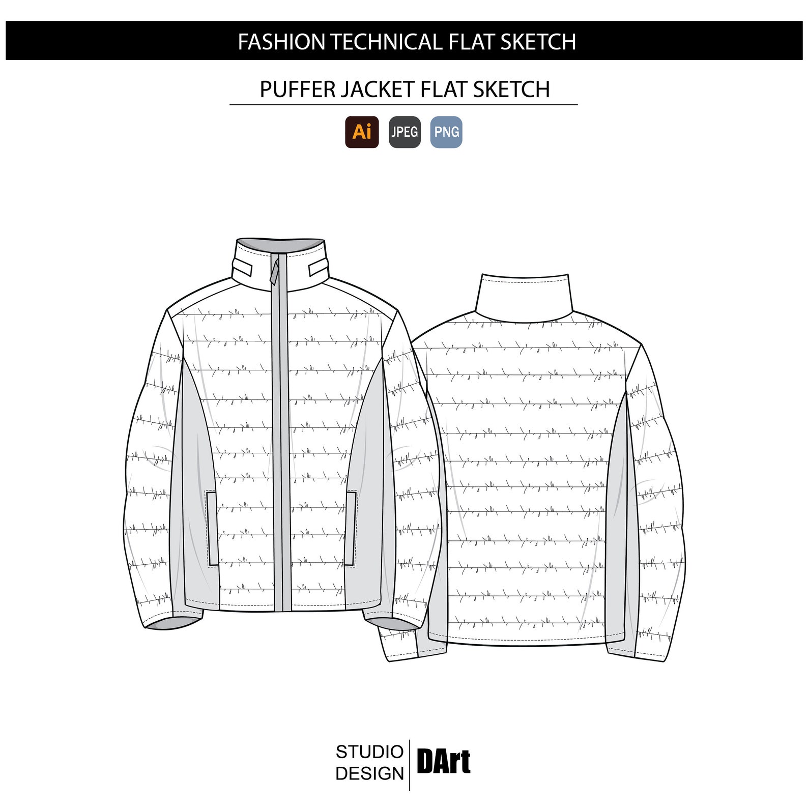 Unisex Puffer Jacket Fashion Flat Sketch - Fashion Vector Sketch ...