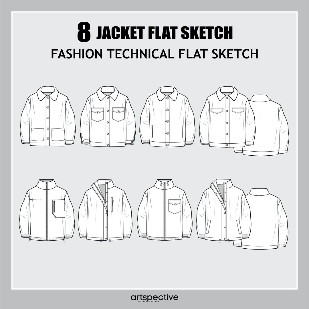 Unisex 8 Pcs. Oversized Jacket Fashion Flat Sketch - Fashion Vector ...