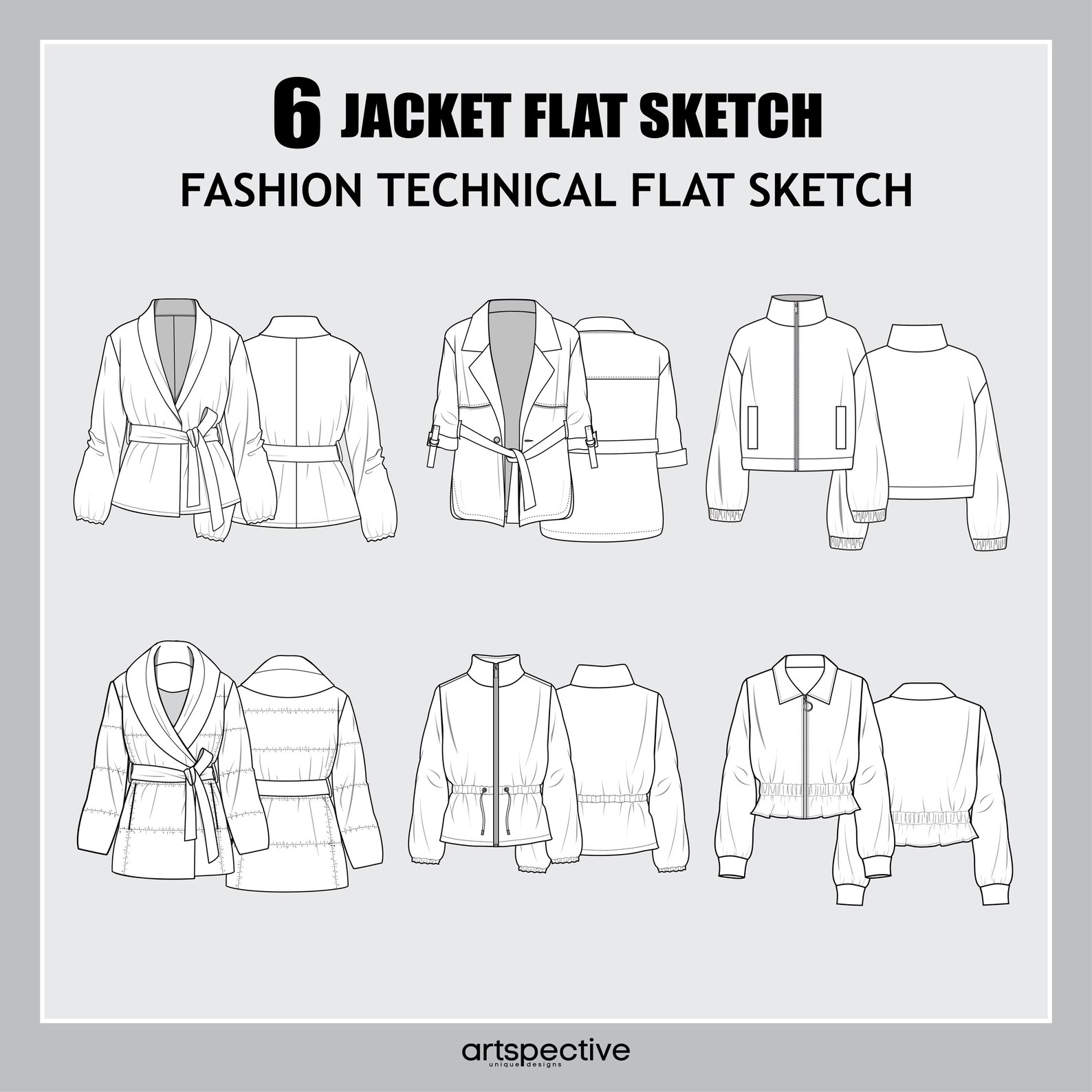 Womens 6 Pcs Jacket Fashion Flat Sketch - Fashion Vector Sketch ...
