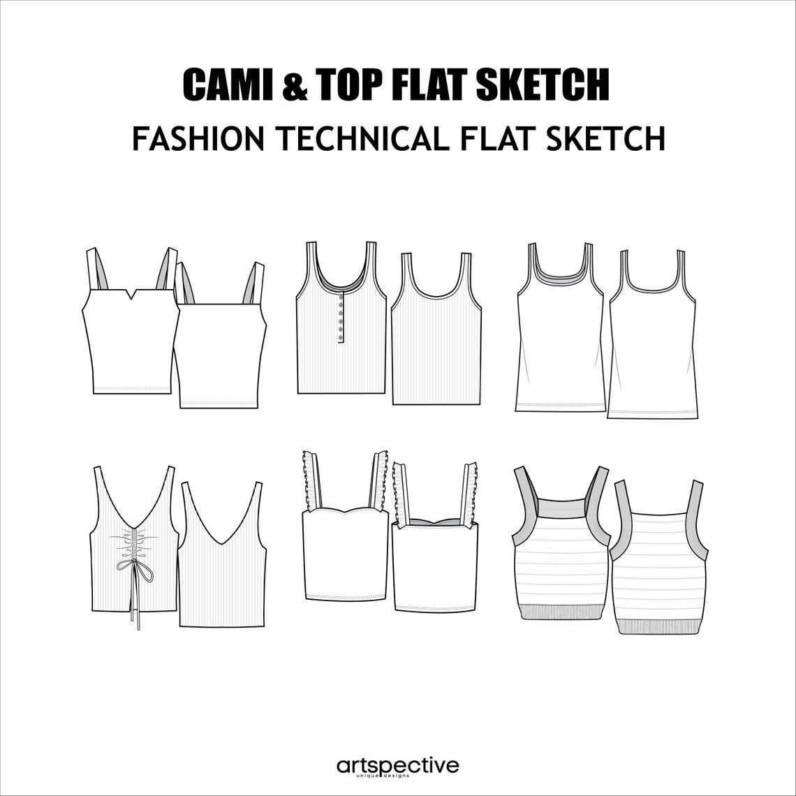 Womens 23 Pcs. Cami / Tops Fashion Flat Sketch - Fashion Vector Sketch ...