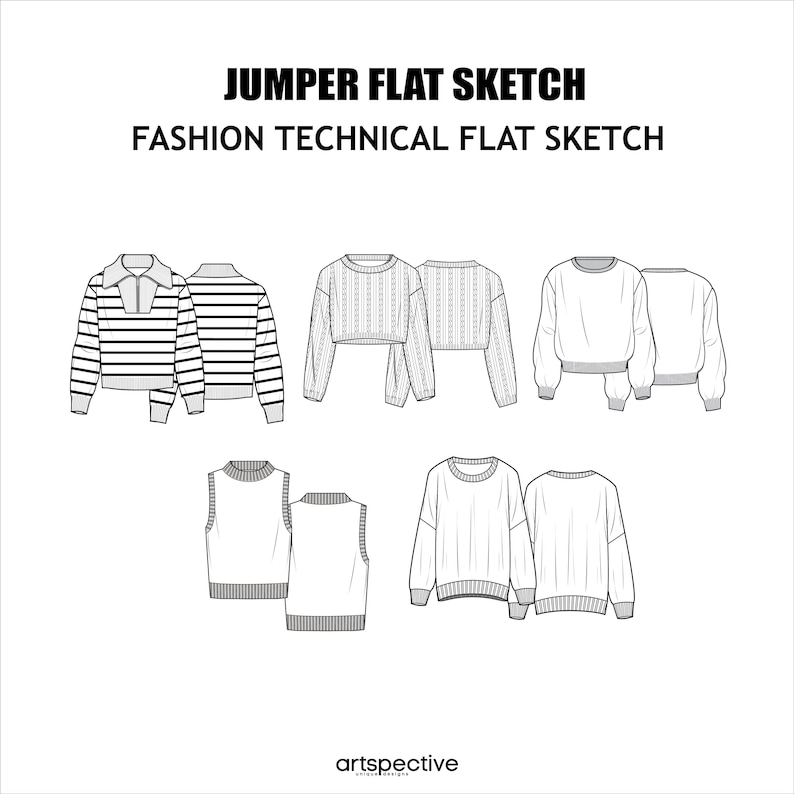Womens 16 Pcs Jumper Fashion Flat Sketch - Fashion Vector Sketch ...