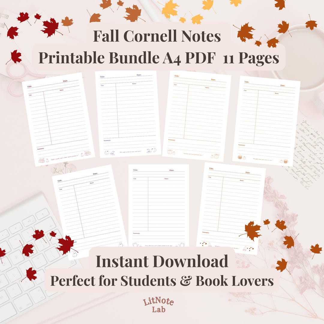 Fall Cornell Notes Printable Set | Literary Theme (digital Download A4 ...