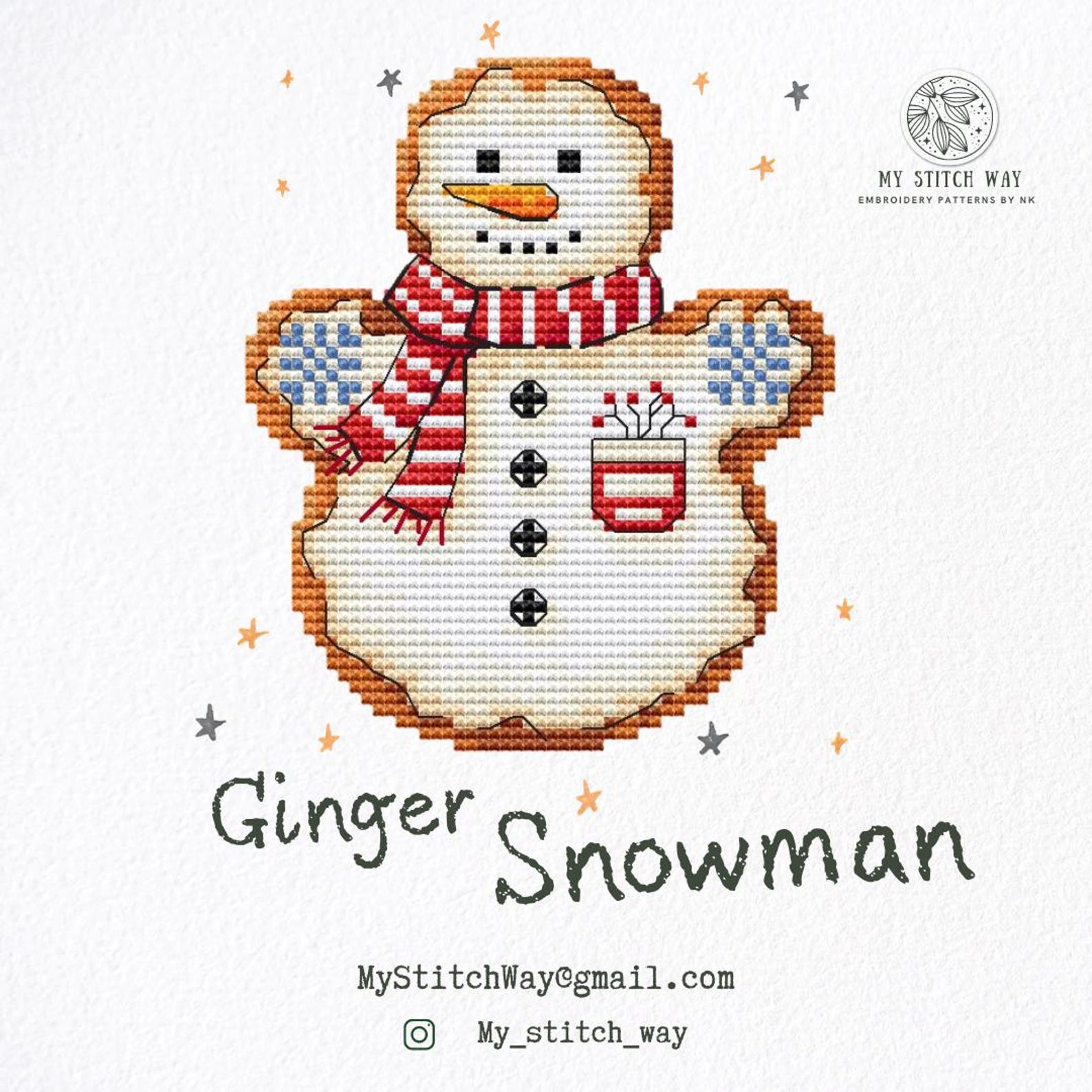 Ginger Snowman - Digital Cross Stitch Pattern, Embroidery Pattern, New ...
