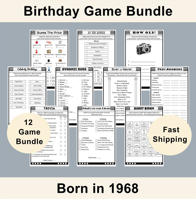 Born in 1968 Birthday Party Games Bundle | Retro Design (printed) - Etsy