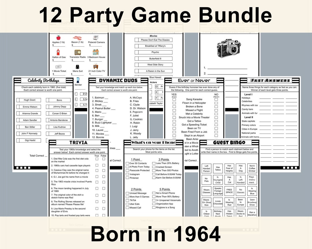 Born in 1964 Birthday Party Games Bundle | Retro Design (printed) - Etsy