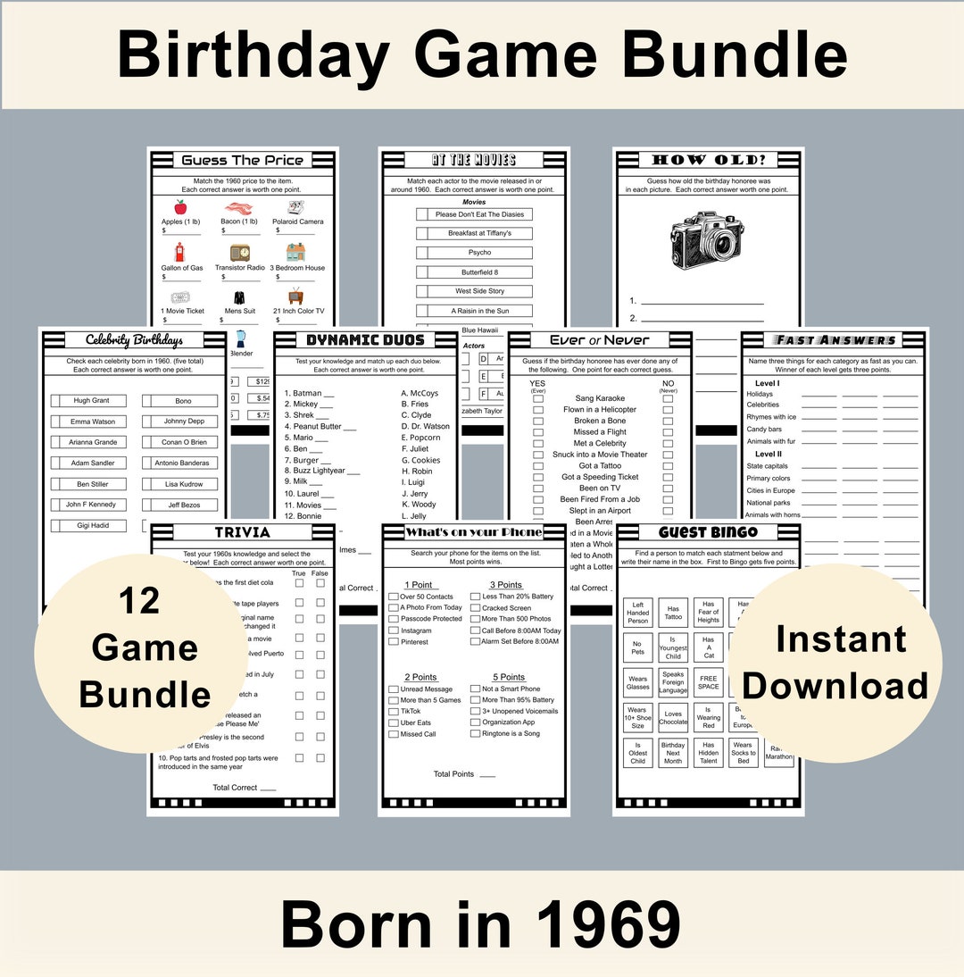 Birthday Party Games Bundle Born in 1969 Printable Games Party Game Fun ...
