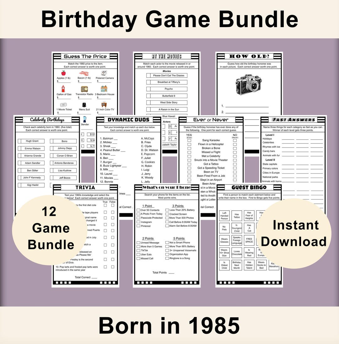 Born in 1985 Birthday Party Games Bundle | Retro Design (printable ...
