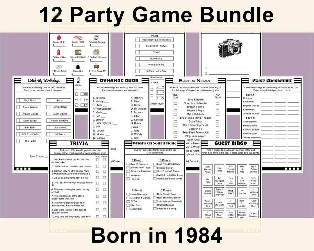 Retro Birthday Party Games Bundle | Born in 1984 (printed) - Etsy