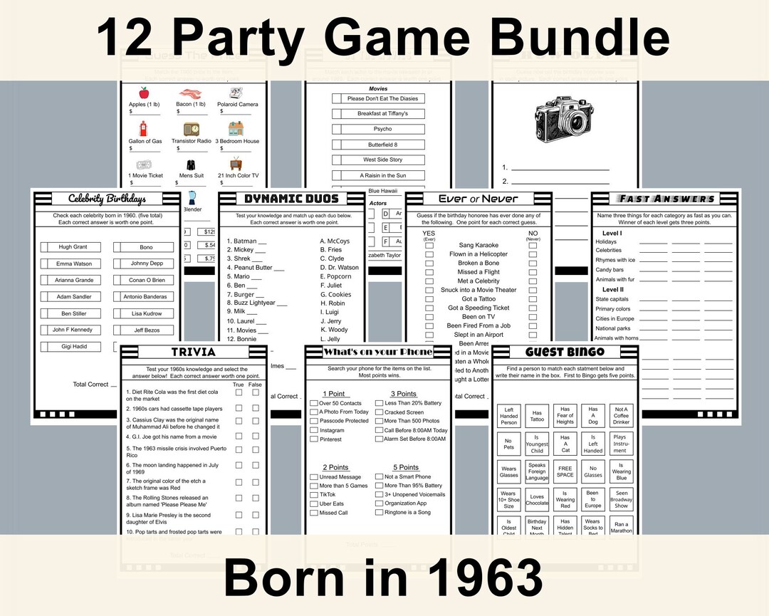 Born in 1963 Birthday Party Games Bundle | Retro Design (printed) - Etsy
