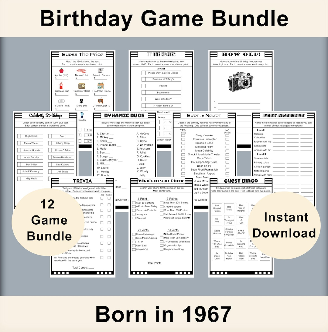 Born in 1967 Birthday Party Games Bundle | Retro Design (printable ...