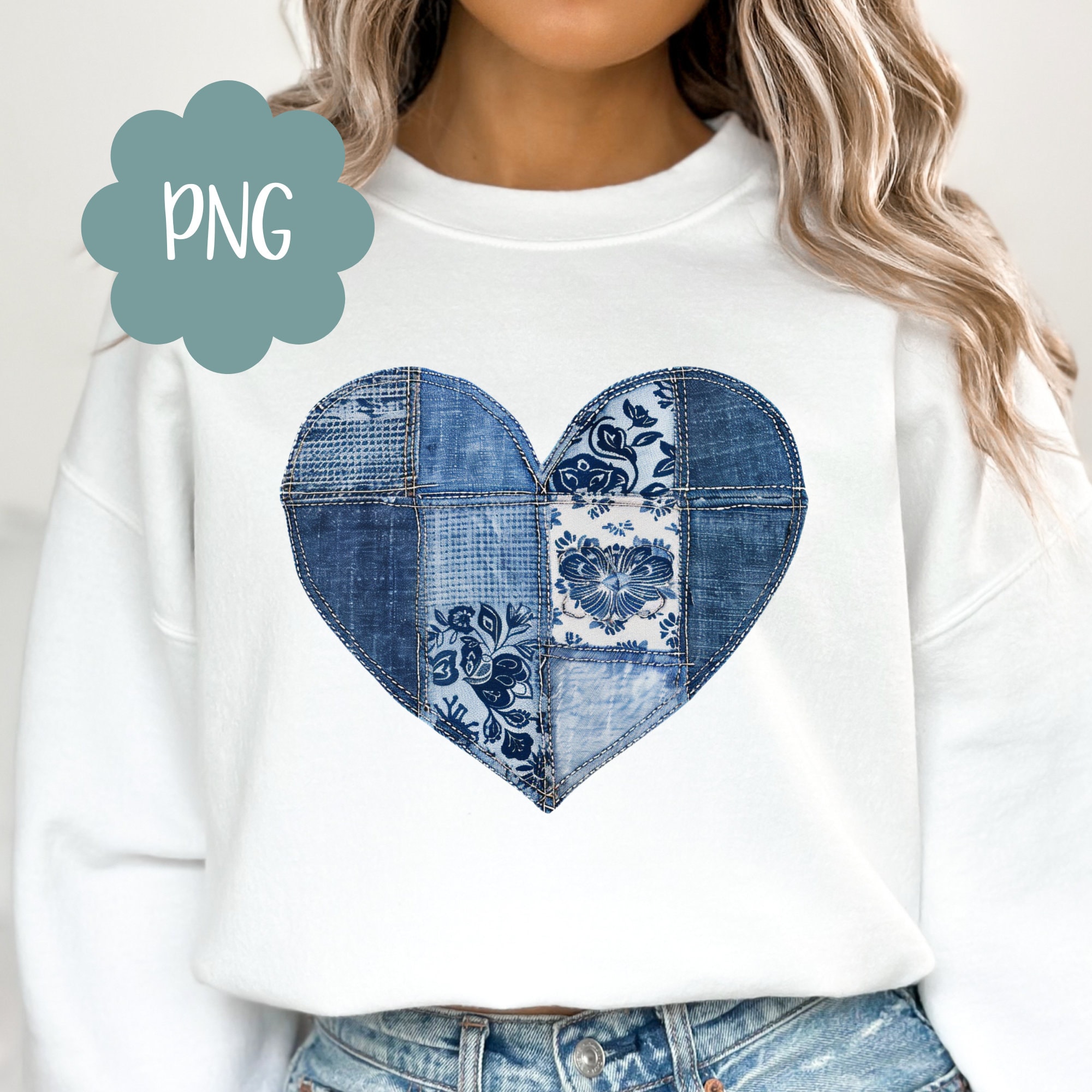 Faux Patchwork Denim Heart PNG Retro Denim Heart Clipart Digital ...